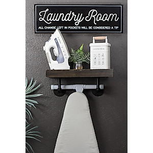 Ironing Board Holder Wall Mount - Heavy Duty Wood Shelf w/Metal Pipe Brackets - Hanging Ironing Board - Farmhouse Style Ironing Board Hanger - Wall Mounted Ironing Board - Iron Board Wall Mount
