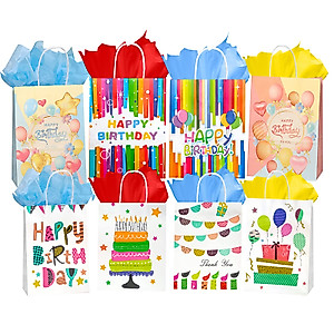 Colodeol 16 PCS Birthday Gift Bags with Handle and Tissues, Gift Bags Assorted Sizes, Medium, Small Size Gift Bag for Kids, Boys, Girls, Women and Men’ Birthdays Party