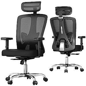 Sytas Ergonomic Office Chair, Home Office Desk Chair with Lumbar Support and Adjustable Headrest, High Back Mesh Computer Chair with Thickened Cushion, 90°-145°Tilt Function, Black