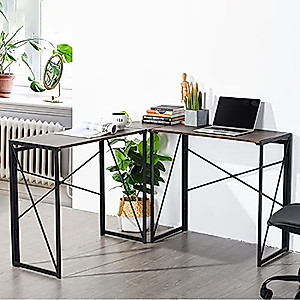 Geniqua 3-Piece L-Shaped Wooden Computer Folding Table Corner Desk Space-Saving Industrial Style PC Laptop Desk for Workstation Home Office