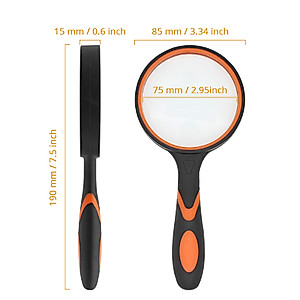 MJIYA Magnifying Glass, 8X Handheld Reading Magnifier for Kids and Seniors, Non-Scratch Quality Glass Lens, Shatterproof Design, Microfibre Cleaning Cloth Included (65mm, Orange)