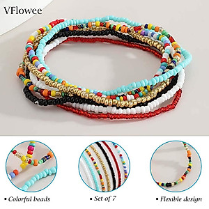 VFlowee Boho Handmade Beaded African Anklets Multicolor Women Stretch Seed Beads Rainbow Ankle Bracelets Glass Bead Bracelet Elastic Foot and Hand Chain Jewelry (7PCS)