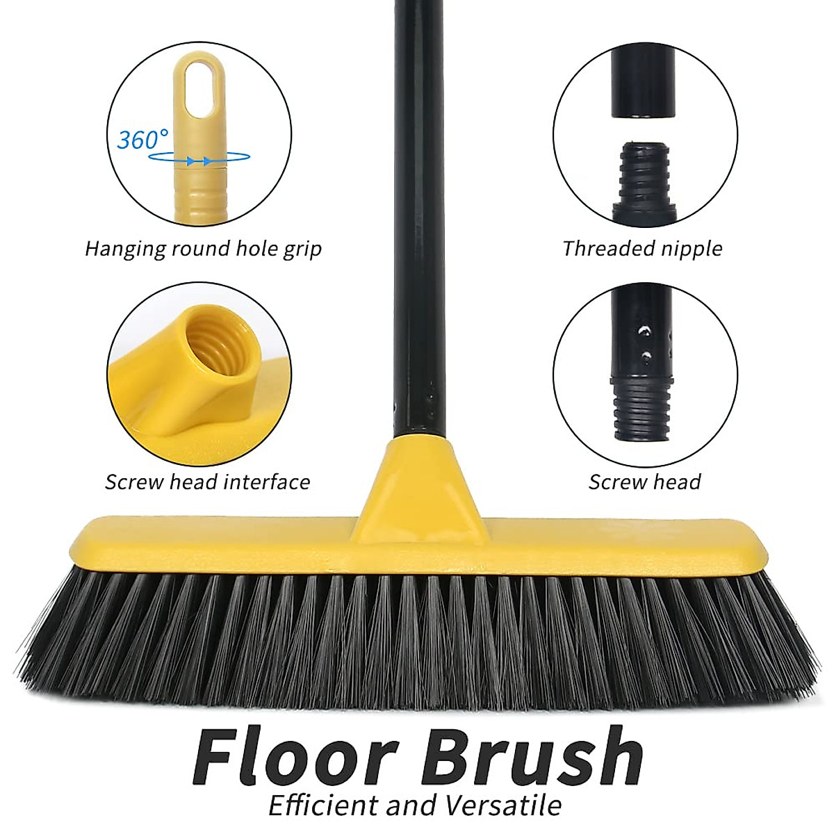 Push Broom with Long Handle, Floor Brush 47.6 inch Soft Bristle Broom 12.2" Wide for Cleaning Bathroom Kitchen Patio Garage Deck Tile