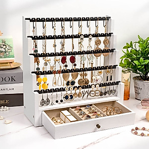 Pinzoveco Earring Organizer, 5 Layer Earring Holder Organizer with Necklace Holder Pole, Rustic Wood Jewelry Organizer Stand Display for Stud Earring Bracelet Necklace Ring, 175 Earring Holes