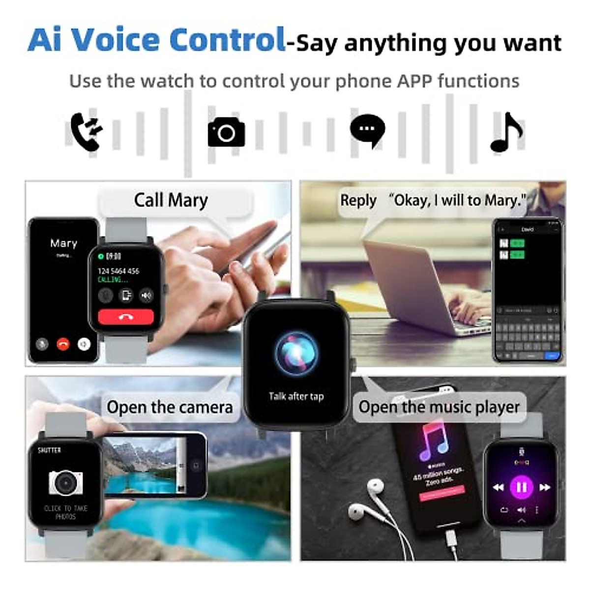 Smart Watch with Call Receive/Dial for Android Phones and iPhone Compatible,Waterproof Fitness Watch with Heart Rate SpO2 Sleep Tracker Voice Control Sport Smartwatch for Women Men Gray