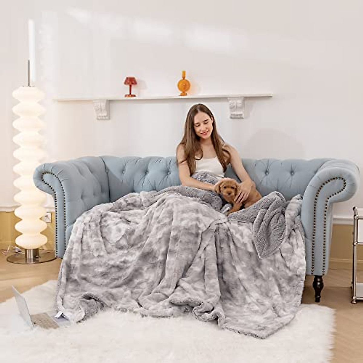 Aisbo Soft Faux Fur Blanket Throw Grey - Luxury Fuzzy Fluffy Warm Throw Blankets for Couch, Sofa, Thick Shaggy Small Blanket Tie Dye, 50x60 Inch