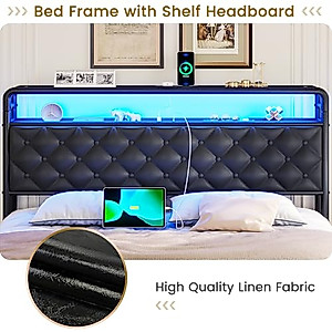 ADORNEVE Queen LED Bed Frame with Storage Headboard,Faux Leather Queen Size Platform Bed Frame with Power Outlets & USB Ports,Noise-Free,Black