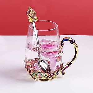 Youeon 12 Oz Enamel Glass Tea Cup with Lid and Spoon, Fancy Tea Cup with Crown, Clear Glass Cup with Gift Box, Handmade Glass Coffee Mug for Women, Girls, Birthday, Mother's Day, Valentines Day