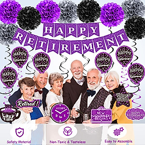 Retirement Decorations Women Purple Happy Retirement Party Decorations Female (52pack) Happy Retirement Banner Gifts, Retirement Decor Double-Sided Pattern Card, Pompoms Hanging Swirl Retired Sash Set