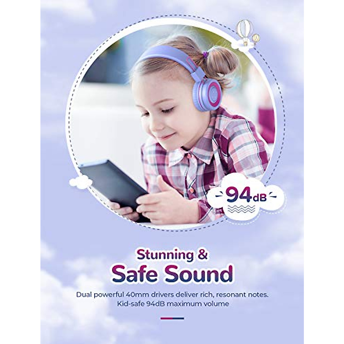 iClever BTH02 Kids Headphones, Kids Wireless Headphones with MIC, 22H Playtime, Bluetooth 5.0 & Stereo Sound, Foldable, Adjustable Headband, Childrens Headphones for iPad Tablet Home School, Purple