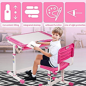 Kids Desk and Chair Set Height Adjustable Ergonomic Children Sturdy Table with Drawer Storage Childs Study School Desk Interactive Workstation Kids Art Writing Desk Furniture for Girls Boys