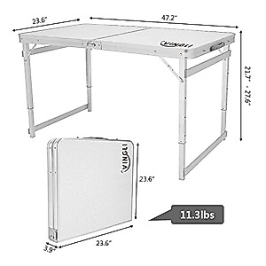 VINGLI 4ft Height Adjustable Folding Utility Table, Portable Lightweight Fold Up Indoor Outdoor Picnic Party Dining Camp Aluminum Tables