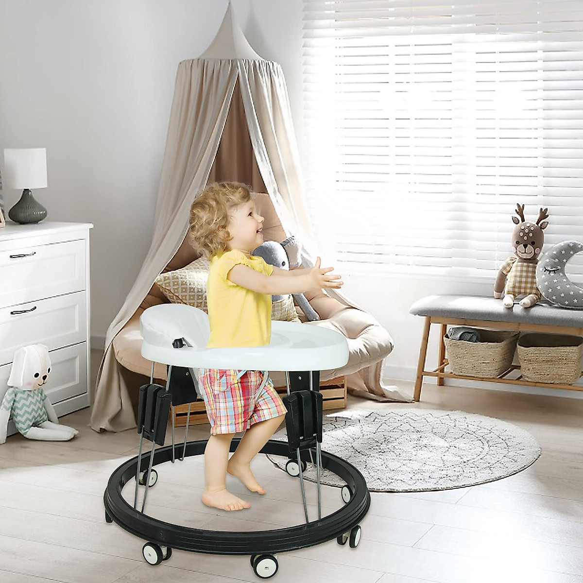 Baby Walker for Boys and Girls, Foldable Toddler Round Walker with Adjustable Height, Detachable Seat Cover and Mute Anti-Rollover Baby Walker, Suitable for Height 65-88cm