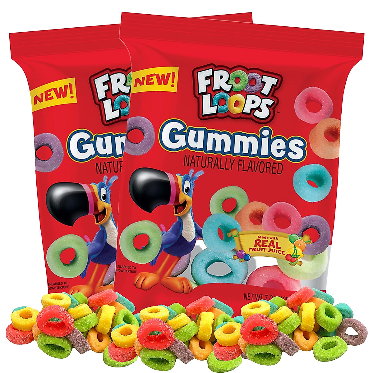 Needzo Froot Loops Gummies, Assorted Real Fruit Juice Flavored Gummy Candy Bags, Nostalgia Favorite Cereal Flavored Candies, 7 Ounces Each, Pack of 2