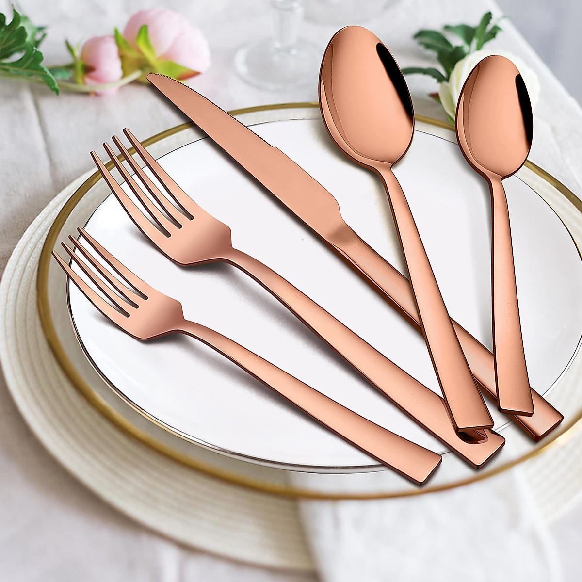 Homikit 46-Piece Copper Silverware Set with Serving Utensils, Stainless Steel Square Flatware Cutlery Set for 8, Modern Home Restaurant Hotel Eating Utensils, Include Fork Spoon Knife, Dishwasher Safe