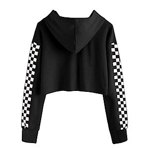 Imily Bela Kids Crop Tops Girls Hoodies Cute Plaid Long Sleeve Fashion Sweatshirts (13-14 Years, Black)