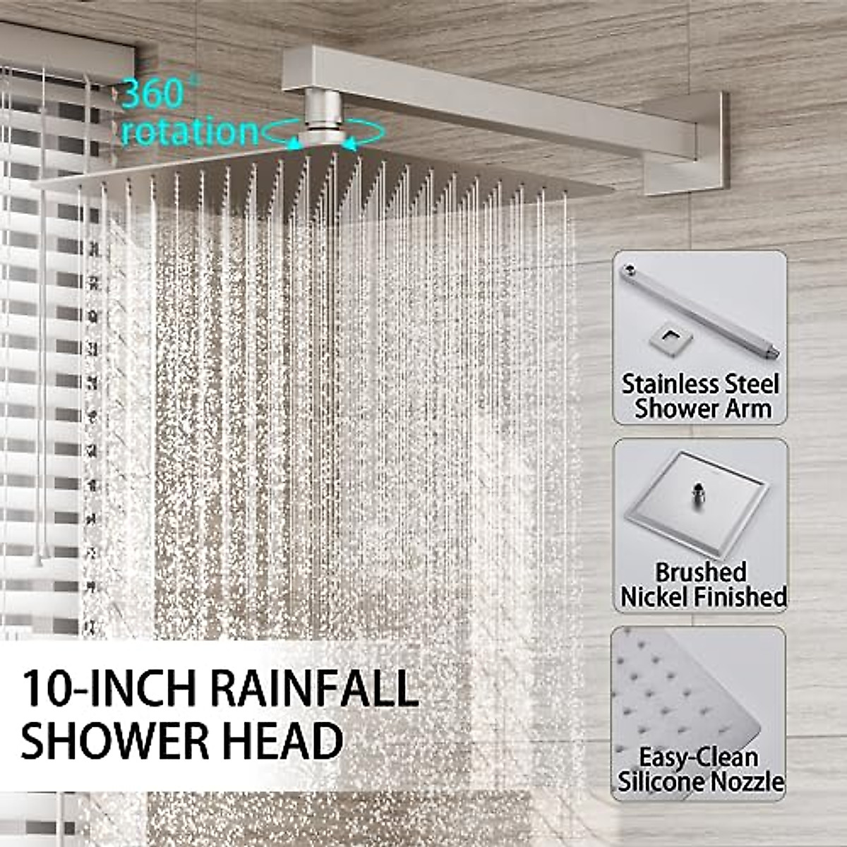 Holispa Brushed Nickel Shower System, Shower Faucet Set with 10-Inch Rain Shower Head and Handheld, Wall Mounted High Pressure Shower Head Combo Set with Shower Valve and Shower Trim, Brushed Nickel