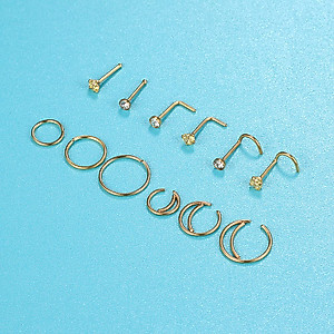 BodyAce 12pcs 20g Gold Nose Ring Hoop Nose Studs for Men Women Nose Piercing Jewelry Diamond Septum Ring Nose Bones/L Shaped/Nose Screw Sets Stainless Steel Nostril Studs (Gold)