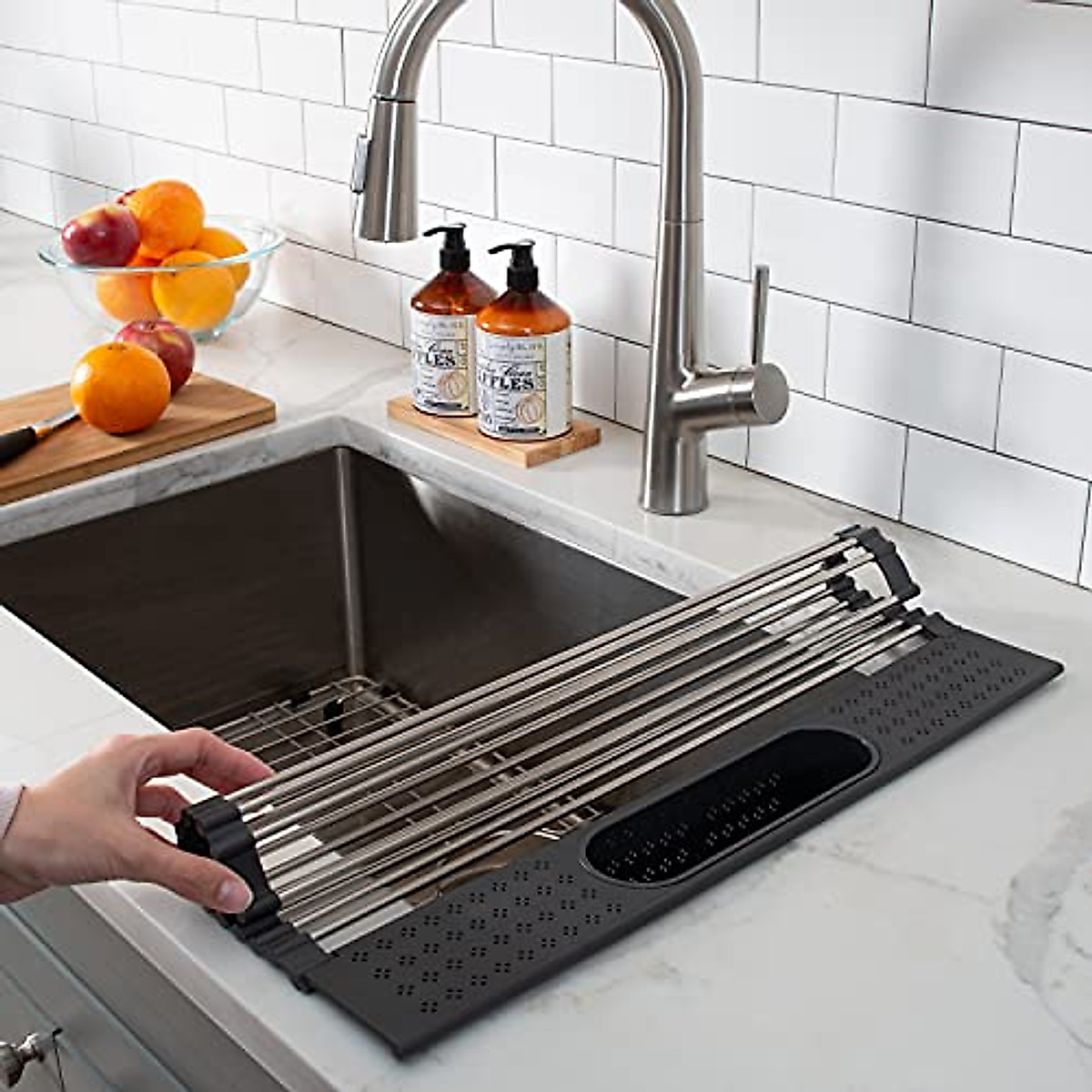 Kitchen Details Over The Sink Drying Rack with Utensil Holder | Roll Up for Storage | Stainless Steel | Drain Tray | BPA Free | Food Safe | Space Saving | Grey