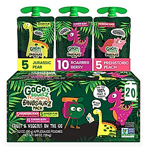 GoGo squeeZ Fruit & veggieZ Variety Pack, Jurassic Pear, Roarrrr Berry & Prehistoric Peach, 3.2 oz (Pack of 20), Unsweetened Snacks for Kids, No Gluten, Nut & Dairy, Recloseable Cap, BPA Free Pouches
