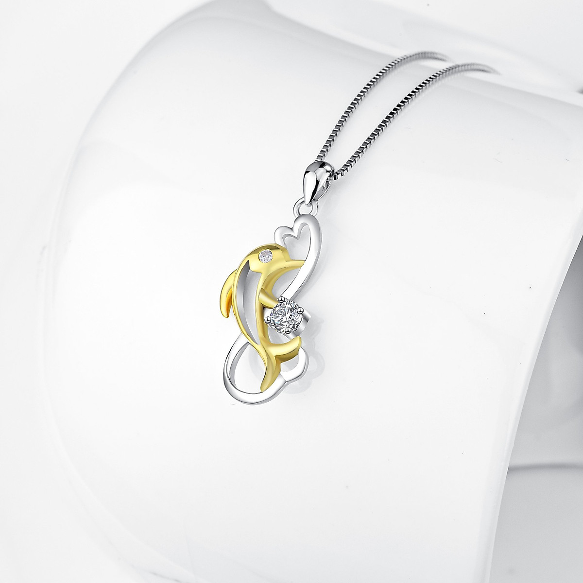 925 Sterling Silver With Cubic Zirconia Dolphin Love Heart Pedant Necklaces 18K Gold Overtone Two Tone Crystal 18 inches Valentine’s Gift LSN140