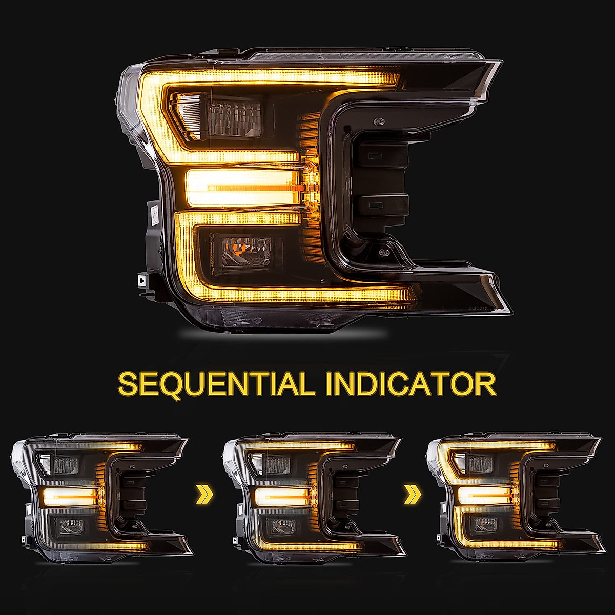 VLAND Headlights Assembly Fit for Ford F150 2018-2020, XL, XLT, Platinum, Lariat, Limited, SSV, King Ranch, Full LED Headlamp with DRL, Sequential Turn Signal, Plug-and-play, Black