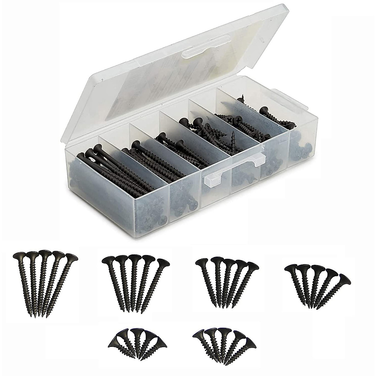 FASTENPOWER #6 Drywall Screws Assortment Kit, 6 Sizes 500pcs Bugle-Head Coarse Thread Sharp Point Drywall Screws Set, Phosphate Coated Drywall Screws Kit for Drywall Sheetrock, Furniture