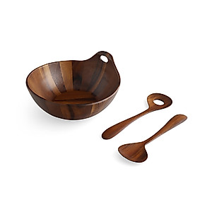 nambe Portables Wood Salad Bowl with Servers | 3-Piece Set | Acacia Wood Large Salad Bowl | Mixing Bowl with Wooden Serving Spoons | Round | Measures 11-Inches