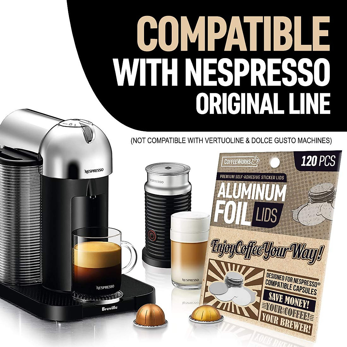 Reusable Aluminum Foil Seal Lids for Nespresso Original Line Pods - Premium Eco-Friendly Coffee Pod Self-Adhesive Stickers - Compatible with Refillable Capsule & Machines - 37mm (120)