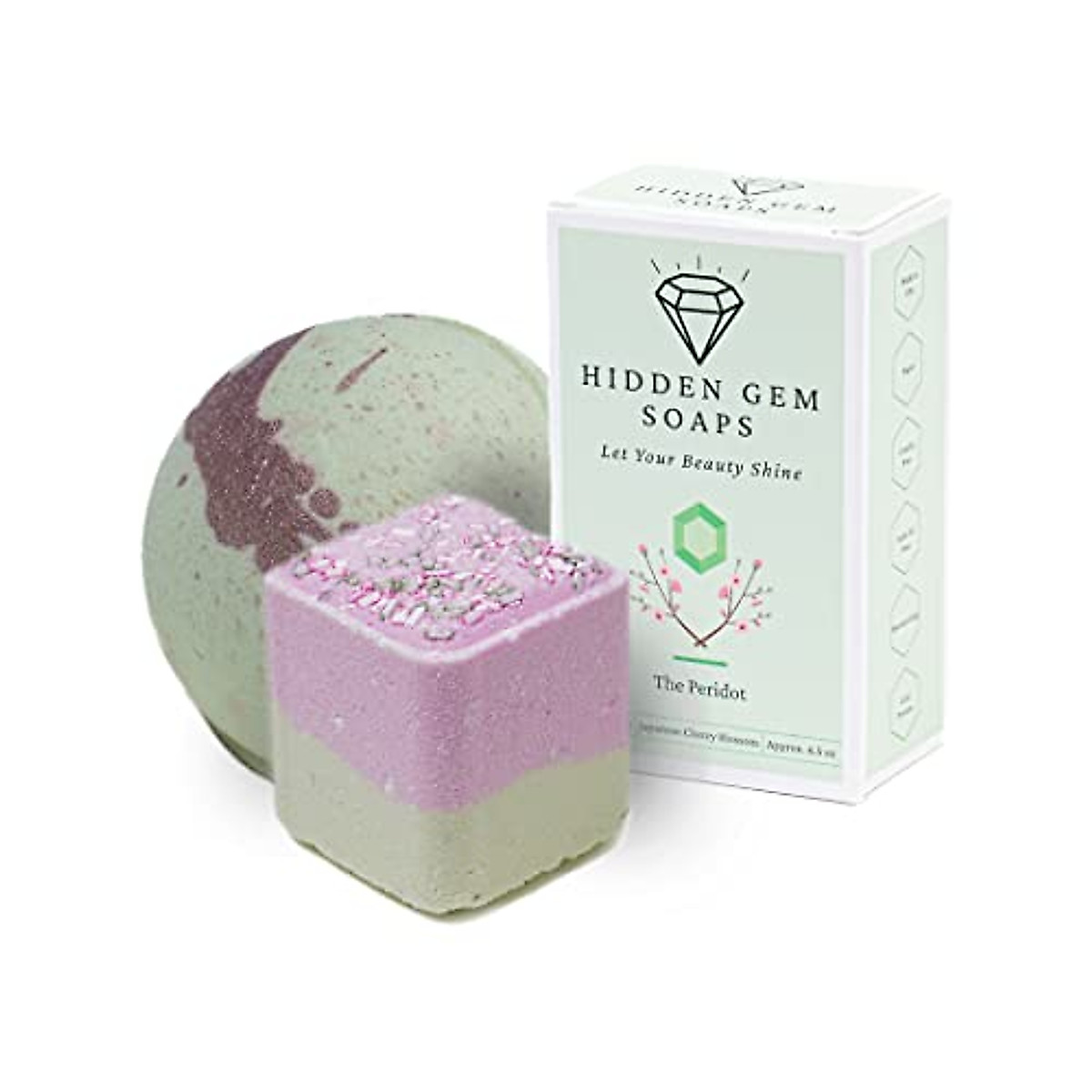 HIDDEN GEM SOAPS August Birthstone Peridot 3 Piece Gift Set All Natural Bar Soap, Bath Bomb, Shower Steamer Made in USA Palm Oil Free