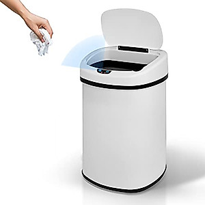 GINMAON Trash Can 13 Gallon Stainless Steel Kitchen Garbage Can with Lid Waterproof Touch Free Large Capacity Rubbish Can for Home Kitchen Office, White