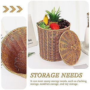 Woven Basket Trash Can Storage: Wastebasket Garbage Bin with Lid Rubbish Paper Storage Container for Home Bathroom Kitchens Laundry Utility Rooms