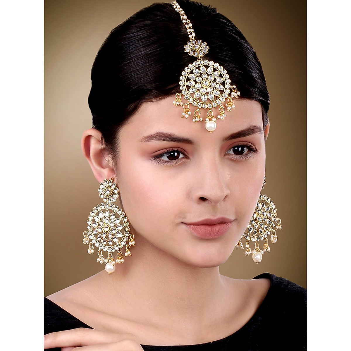 Aheli Ethnic Faux Kundan Drop Pearl Beads Dangle Earrings Maang Tikka Set Bollyood Wedding Party Fashion Jewelry for Women & Girls (White Drop Pearls)
