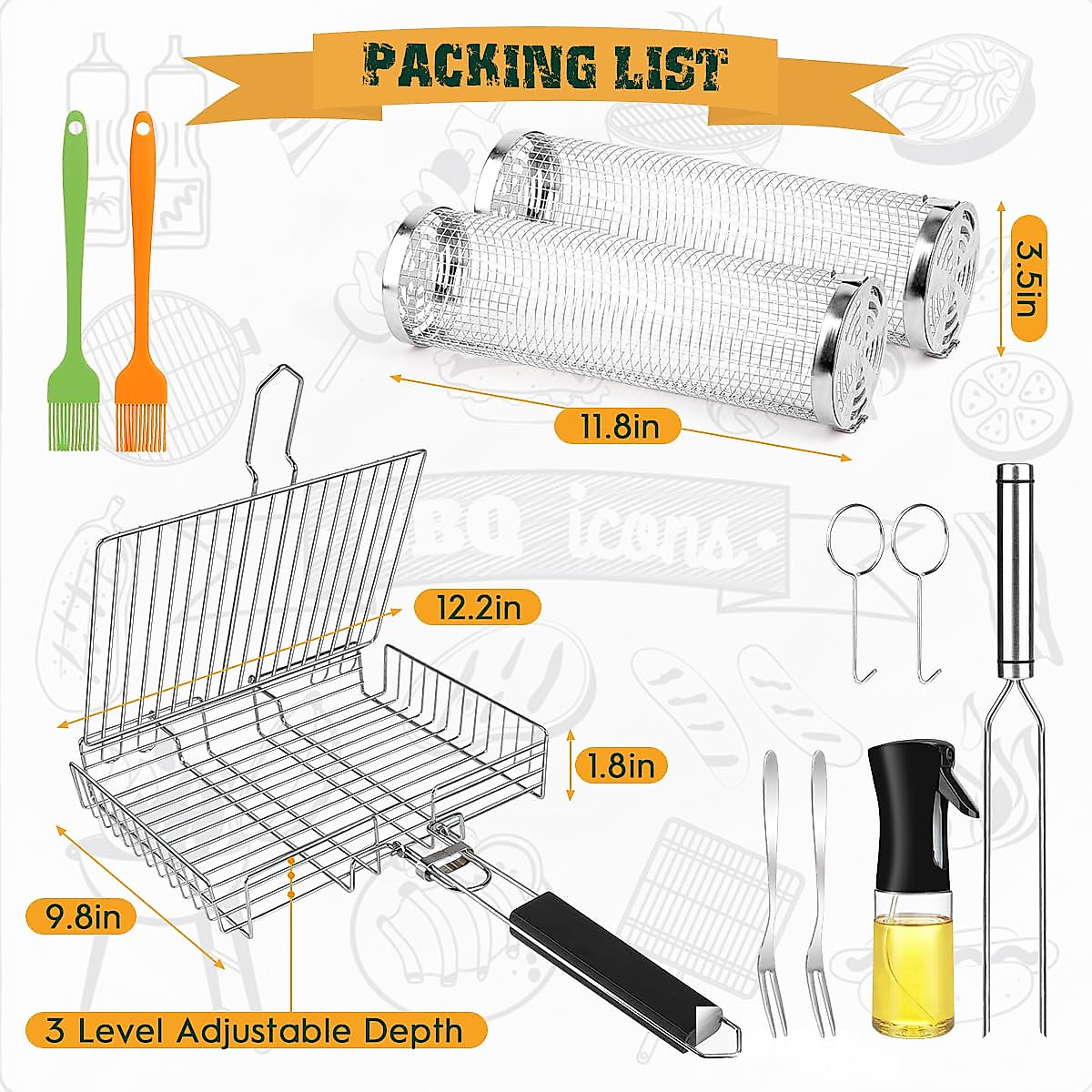 Grill Basket,11pcs Rolling Grill Baskets For Outdoor Grill With Barbeque Grilling Accessories,Stainless Steel Barbecue Folding Grill Basket With Handle,Brush,Portable Bbq Camping For Fish,Shrimp,Vegetables,Birthday Gifts For Men Dad