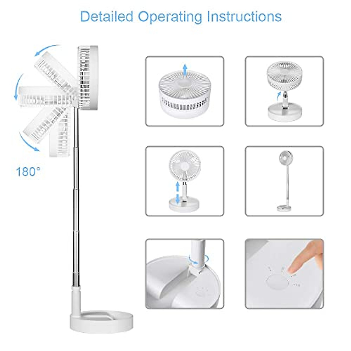 Portable Foldable Cordless Fan Rechargeable, Portable Pedestal Fan Foldaway Standing Fan Desk and Floor Fan Wireless with 7200Mah Battery Operated Standing Fan for Home Kitchen Outdoor Camping (White)