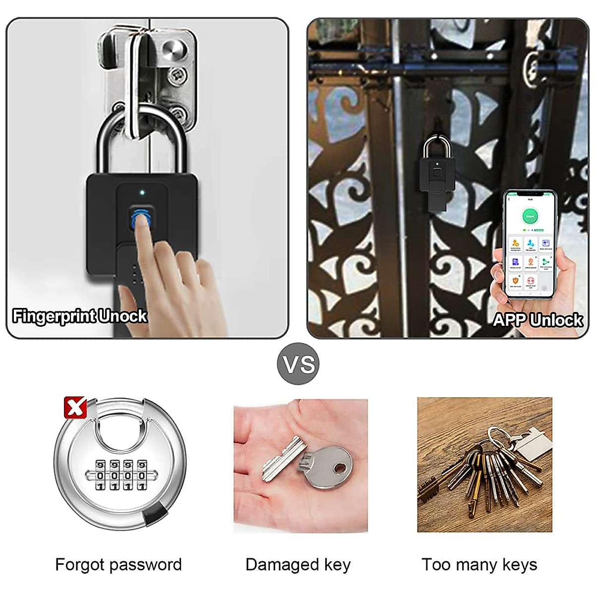 Key Padlock with Fingerprint Bluetooth App eLinkSmart Combination Lock: Large Padlock for Truck Gate Footlocker Gym Locker Outdoor ​Waterproof Heavy Duty Support iOS Watch