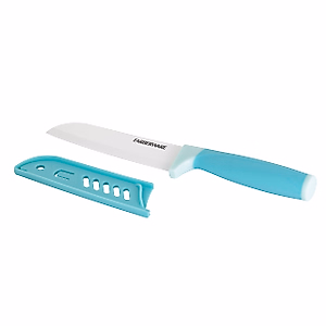 Farberware Ceramic 5- Inch Santoku Knife with Custom-Fit Blade Cover, Razor-Sharp Kitchen Knife with Ergonomic, Soft-Grip Handle, Dishwasher-Safe, 5-inch, Aqua