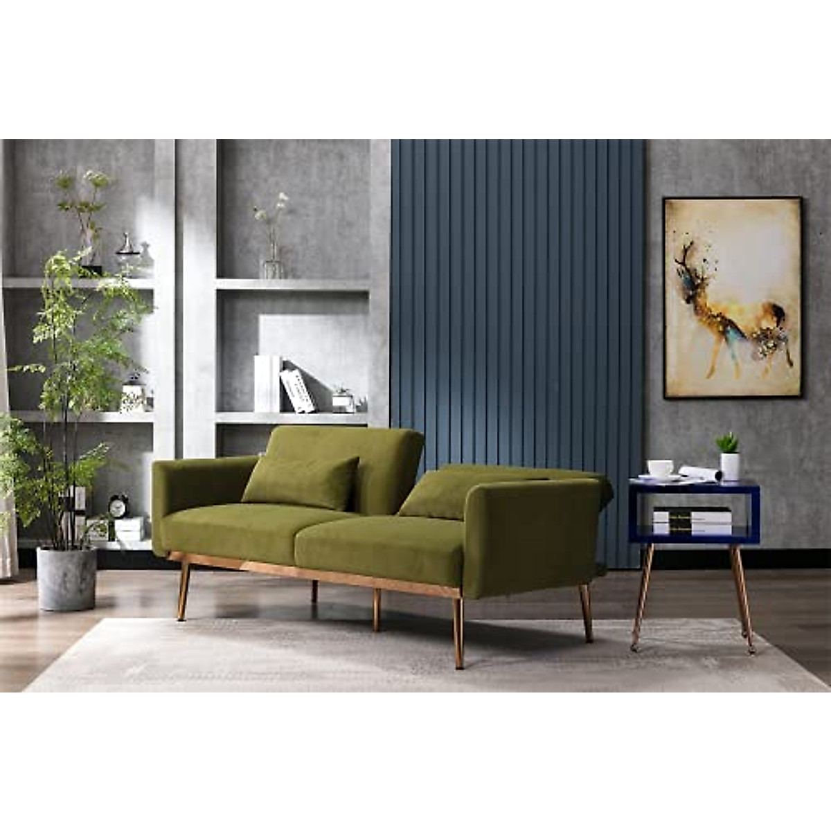 SZLIZCCC 68 "- Velvet Sofa, Accent Sofa, Loveseat Sofa Convertible Sofa Sleeper, with Gold Metal Feet, with Two Rectangular Waist Pillows, Suitable for Small Spaces (Olive Green)