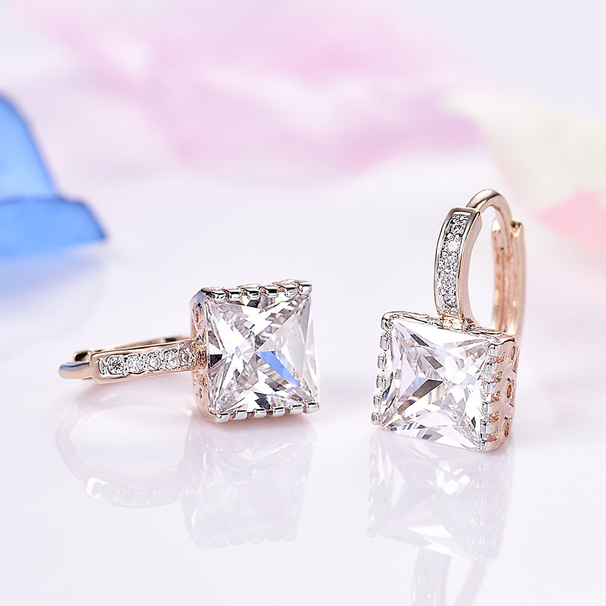 GULICX Gold Tone White CZ Zircon Sparkle Crystal Square Hoop Earrings for Women