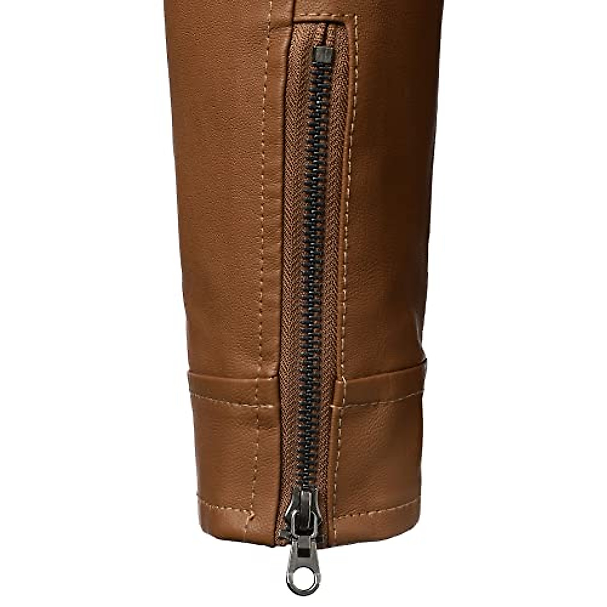 HOOD CREW Men’s Classic Zip Up Bomber Faux Leather Jackets Brown L