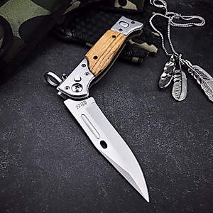 geegift 9" AK47 Slide Pocket Folding Knife, EDC Knife,Stainless Steel Blade Wooden Handle for Outdoor Camping Hunting Hiking (wooden handle, with ring)