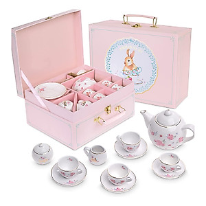 Jewelkeeper Tea Set for Little Girls - 13 pcs. Porcelain Tea set for kids Tea Time includes Teapot, 4 Tea Cup and saucers, creamer and sugar bowl. Floral design with Pink Roses tea party set
