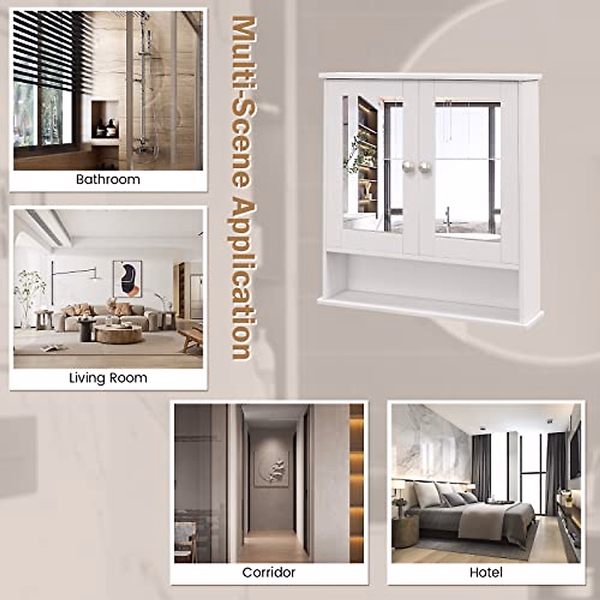 COSTWAY Bathroom Cabinet Wall Mounted - Over The Toilet Wall Storage Cabinet with 2 Mirror Doors and Adjustable Shelf, Hanging Medicine Cabinet for Bathroom, Living Room, Kitchen (White)