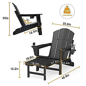 Mdeam Folding Adirondack Chair Lawn Outdoor Fire Pit Chairs Weather Resistant with 2 Cup Holder/Adirondack Retractable Ottoman（Black）