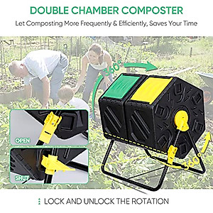 HomGarden Dual Chamber Compost Tumbler for Garden and Outdoor, 37 Gallon High Volume Composter with 2 Sliding Doors, Black