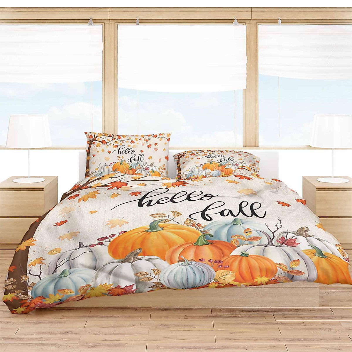 DecorLovee Hello Fall Duvet Cover Set 3 Pieces with Zipper Closure, Pumpkins Autumn Botanical Thanksgiving Rustic Bedding Sets 1 Duvet Cover & 2 Pillow Cases, Comforter Cover Set Duvet Cover Queen