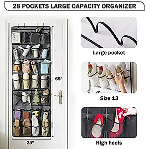 YOUDENOVA 28 Extra Large Mesh Pocket Over-The-Door Shoe Organizer - Closet Space Saver with 4 Metal Hooks for Sneakers, High Heels and Slippers - Fits Behind Doors - Grey