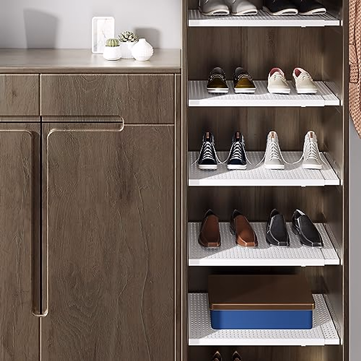 KIKIBRO Expandable Closet Shelf Organizer, Adjustable Shelves, Extendable Storage Shelving Rack Divider for Cabinet Pantry Wardrobe Cupboard Kitchen Bathroom Shoe, White Large Set of 2