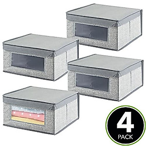mDesign Medium Soft Stackable Fabric Baby Nursery Storage Organizer Holder Bin Box with Front Window/Lid for Child/Kids Bedroom, Playroom, Classroom, Lido Collection, 4 Pack, Gray