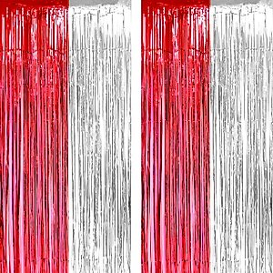 Red White Party Tinsel Foil Fringe Curtains - Circus Welcome Carnival Under the Top Birthday Baby Shower Graduation Party Backdrops Wedding Valentines Day Party Decor Photo Booth Backdrops Decorations